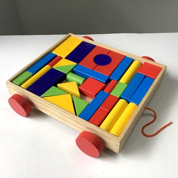 Toys | Wooden Building Blocks And Pull Along Wagon Toy Colorful Shapes ...